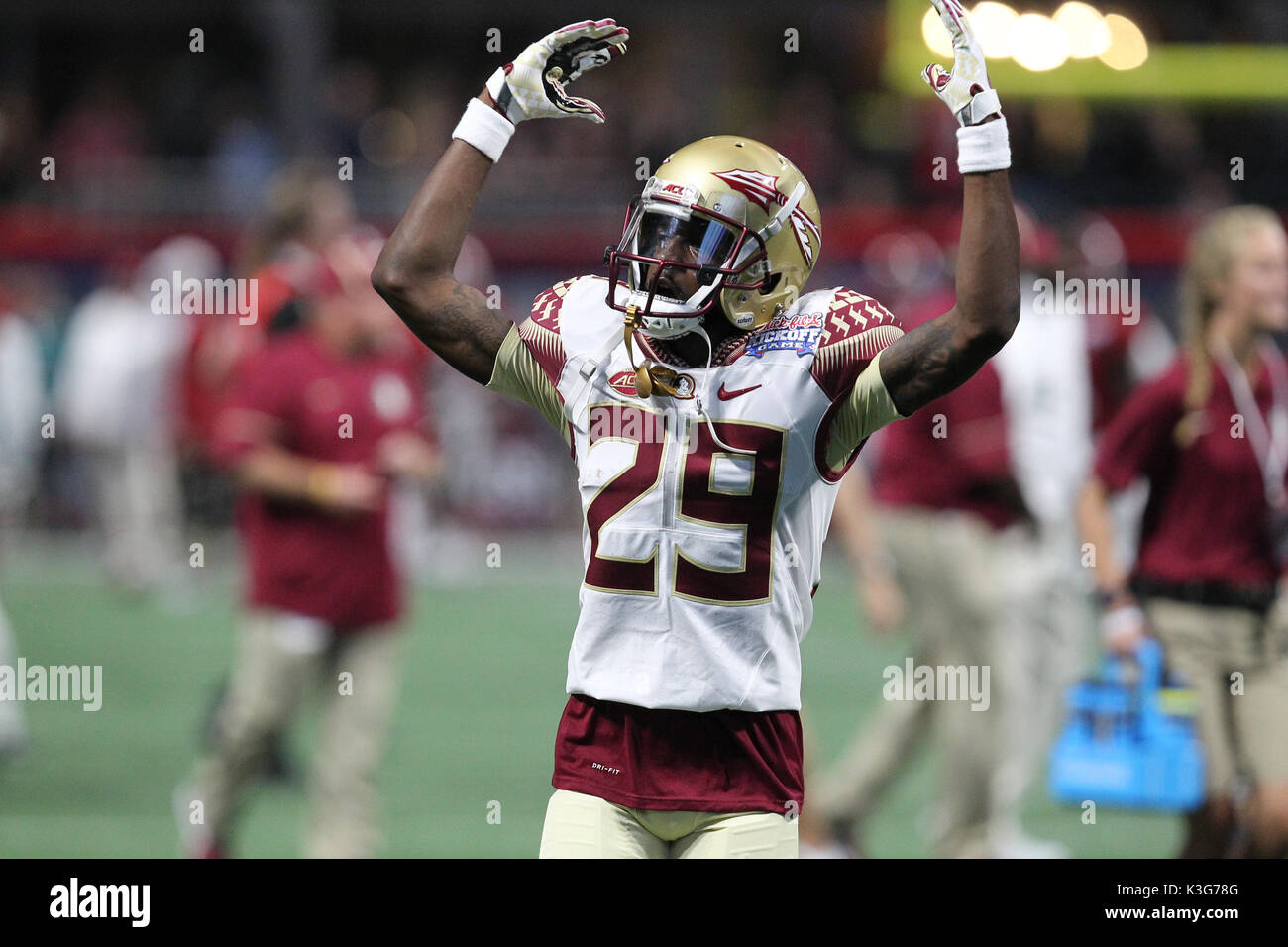 Atlanta, Georgia. 2nd Sep, 2017. FSU's Nate Andrews (29) exhorts the ...