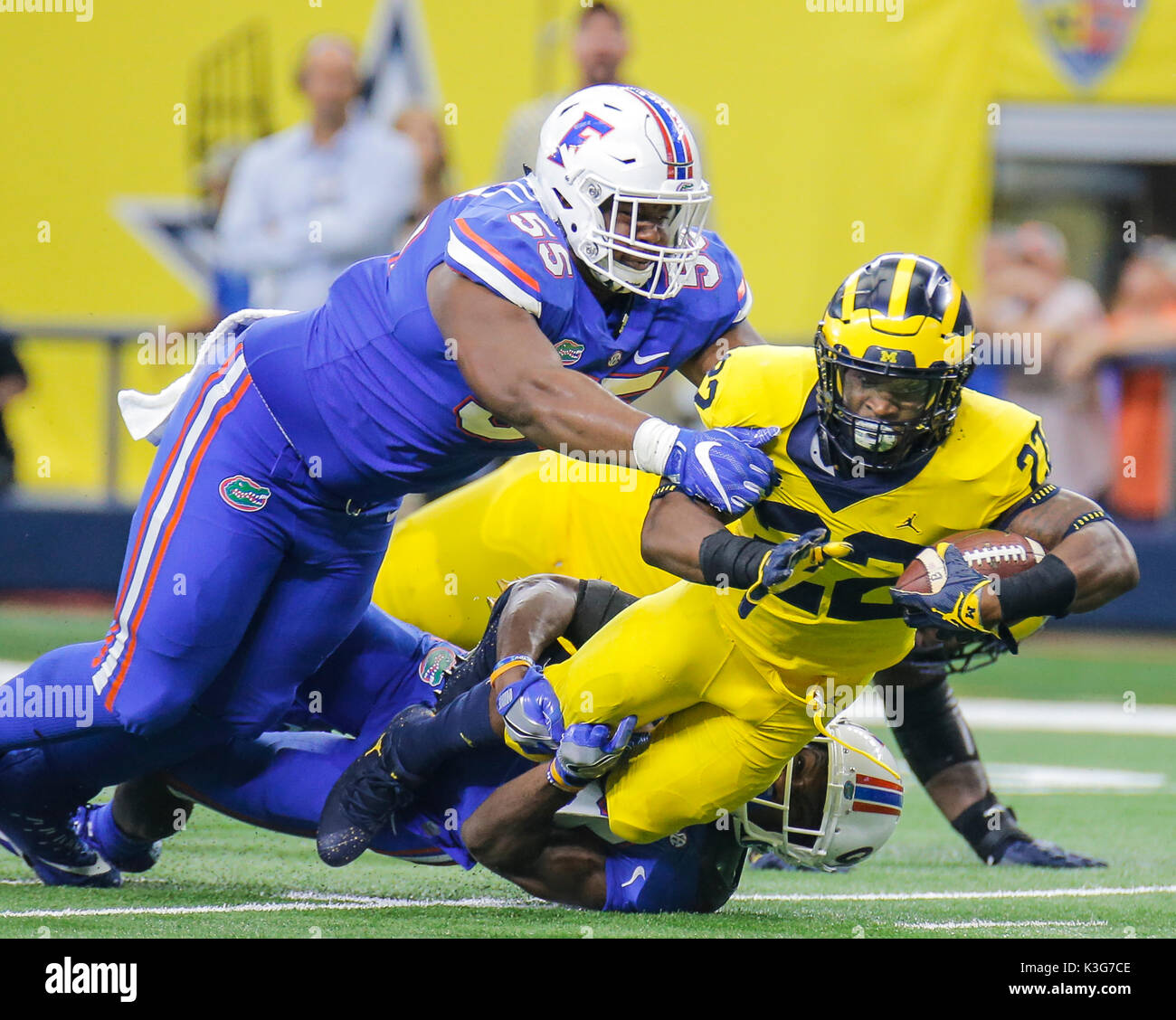 Arlington, TX USA. 02nd Sep, 2017. A Michigan running back Karan Higdon ...
