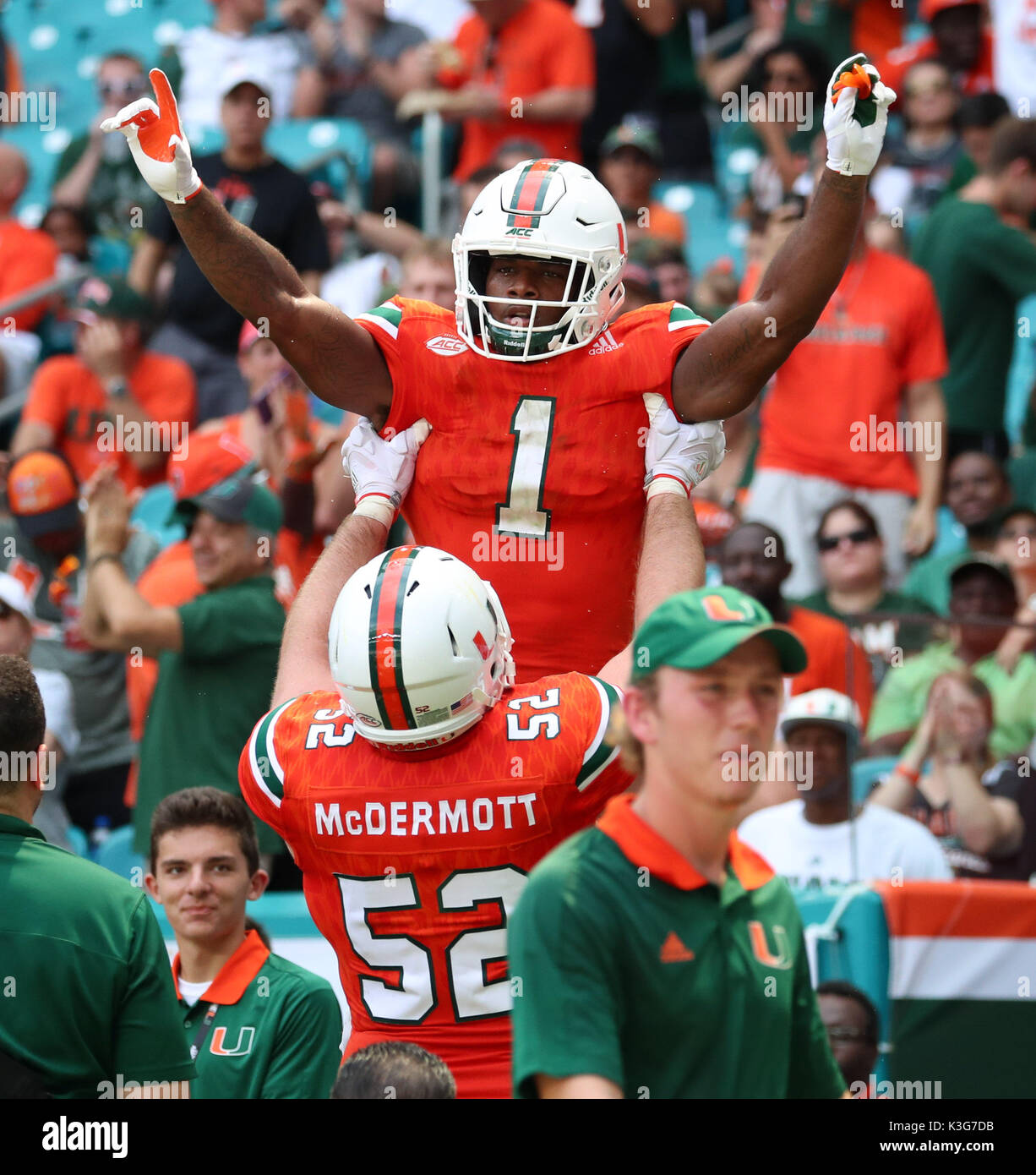 Miami Gardens, Florida, USA. 02nd Sep, 2017. Miami Hurricanes running ...