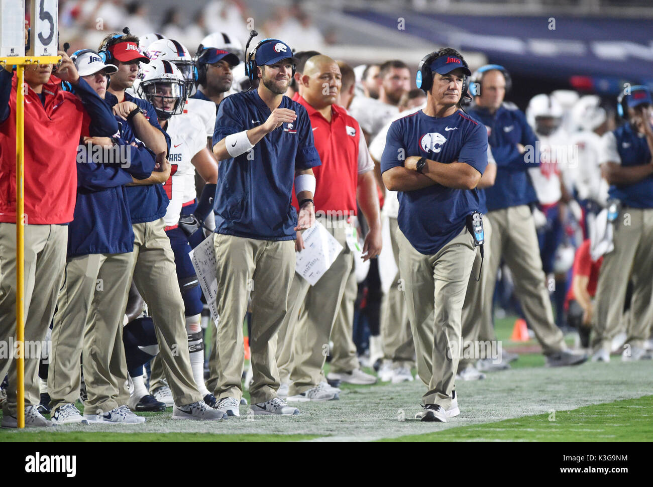Oxford, MS, USA. 2nd Sep, 2017. South Alabama coach Joey Jones (right ...