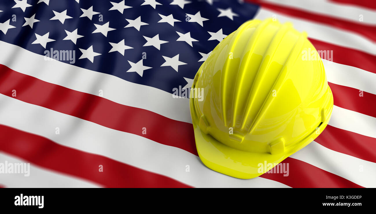 Yellow construction hat over USA flag. 3d illustration Stock Photo - Alamy