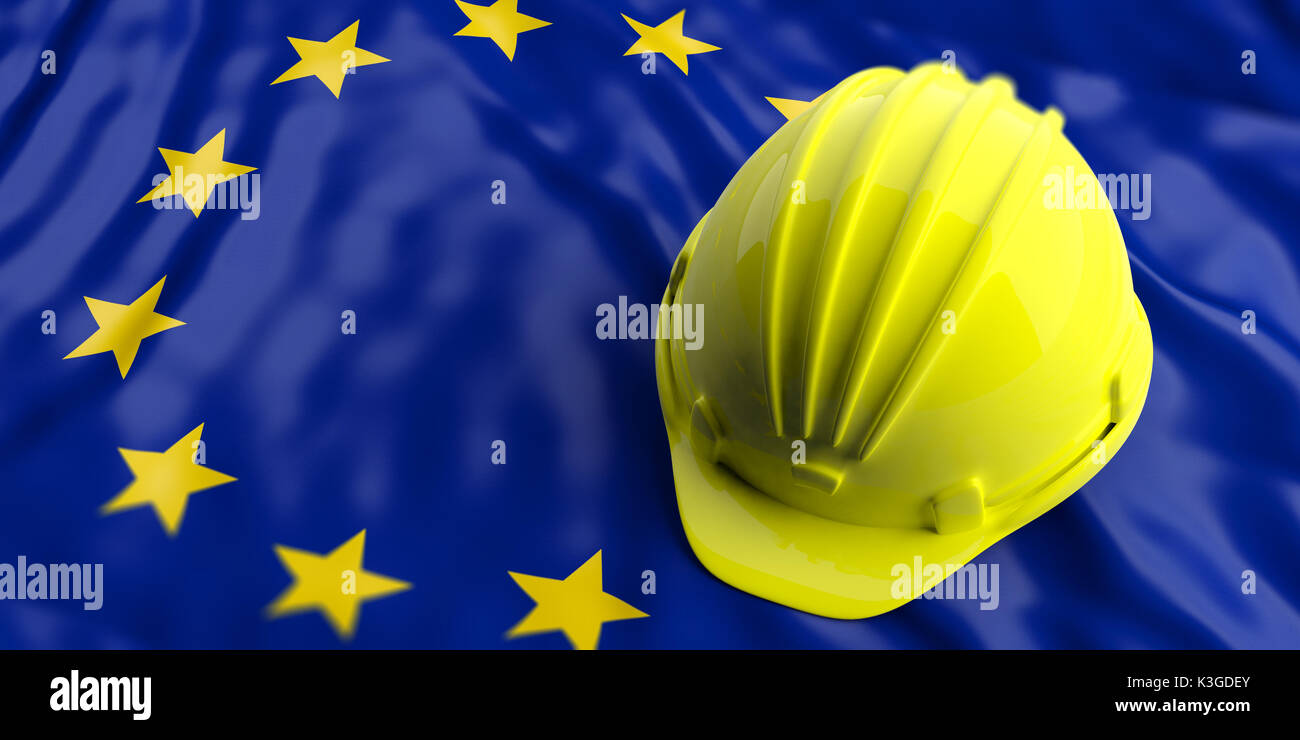 Yellow construction hat over EU flag. 3d illustration Stock Photo - Alamy