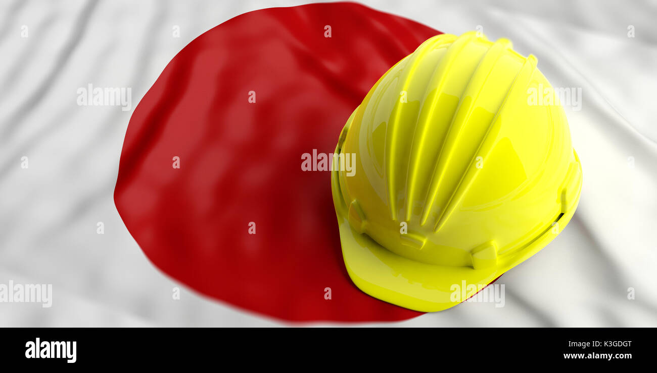 Yellow construction hat over Japan flag. 3d illustration Stock Photo ...