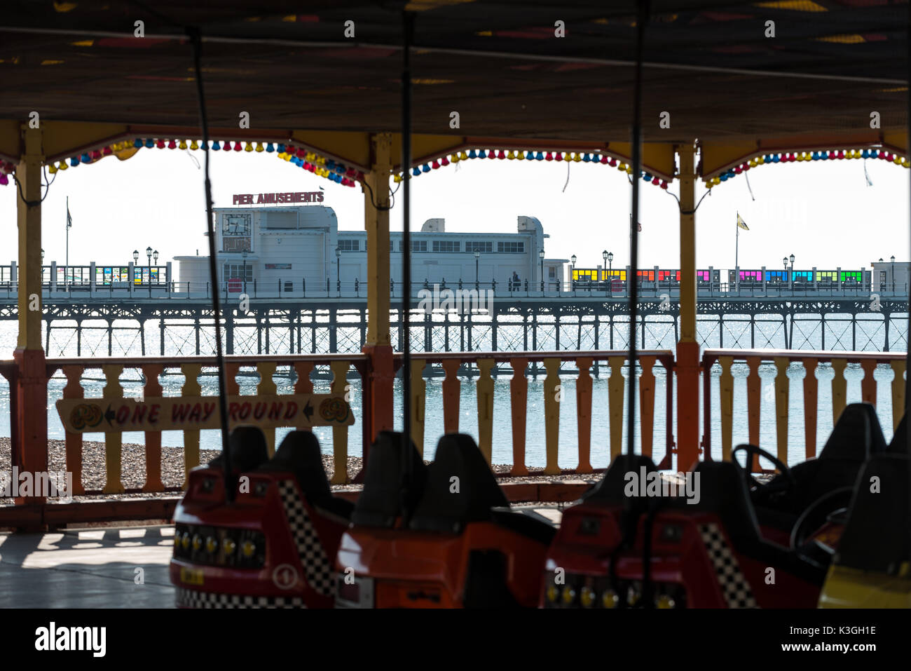 Dodgem cars on the beach in front of Worthing Pier in Worthing, West ...