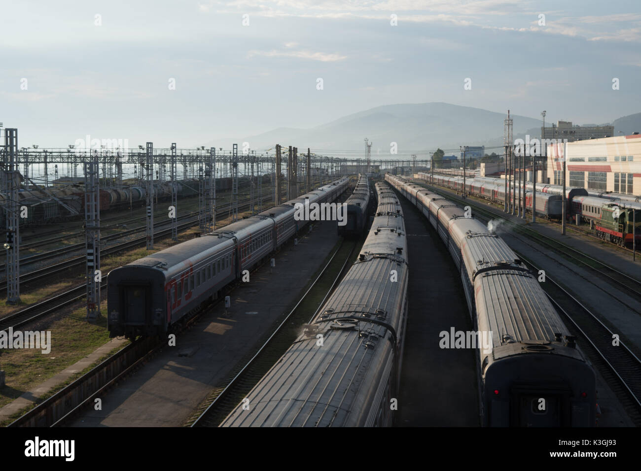 JUNE 26, 2017, ADLER RUSSIA: railway station view from above with the ...