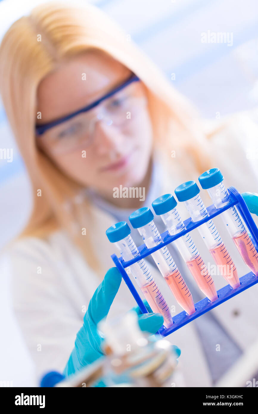 Female laboratory assistant with chemical experiment in scientific ...