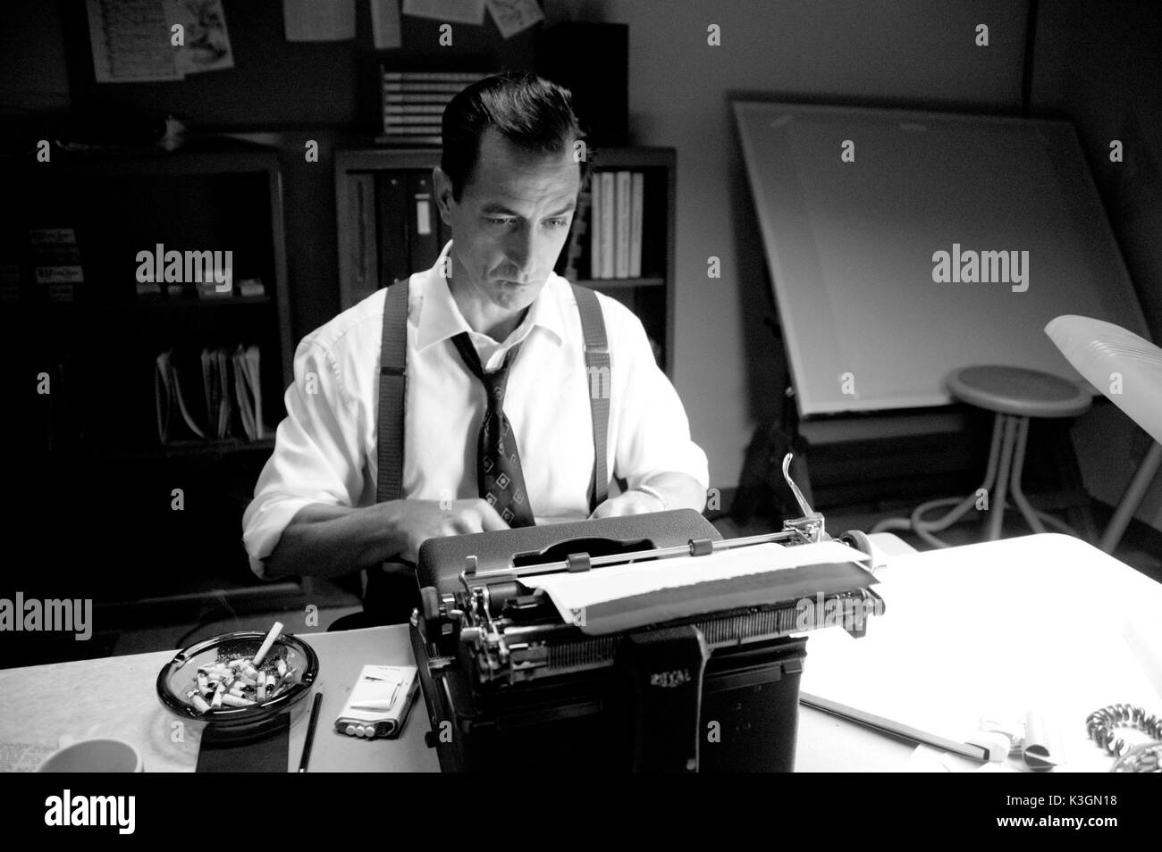 Edward R. Murrow at the typewriter. GOOD NIGHT, AND GOOD LUCK DAVID STRATHAIRN as Edward R ...