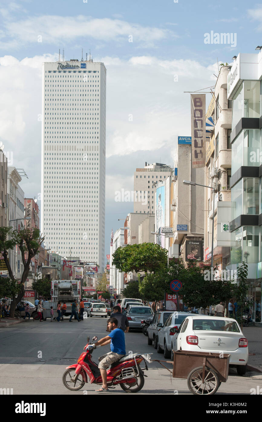 Turkey, Mersin, street close high rise tower of the hotel of Radisson ...
