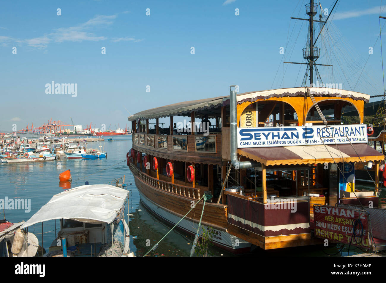 Turkey, Mersin, restaurant ship at the fishing harbour at the western ...