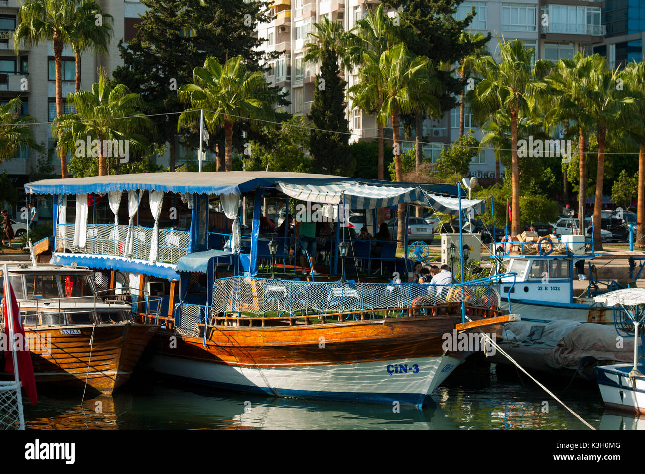 Turkey, Mersin, restaurant ship at the fishing harbour at the western ...