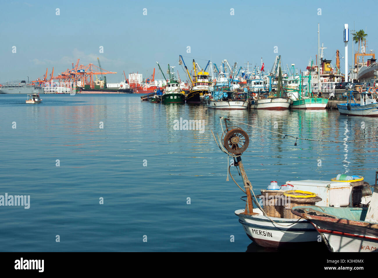 Turkey, Mersin, fishing harbour, at the background the modern ...