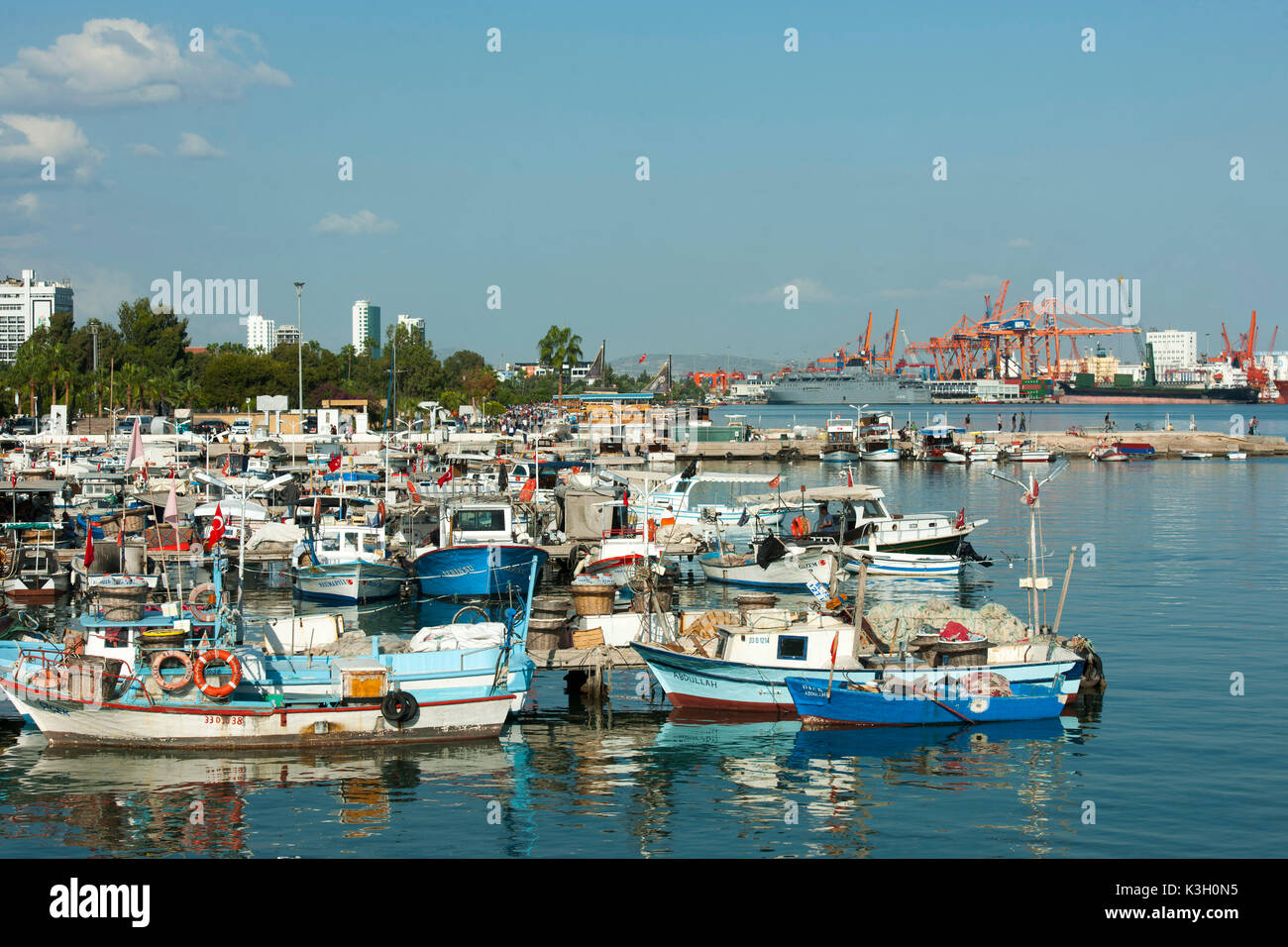 Turkey, Mersin, fishing harbour, at the background the modern ...