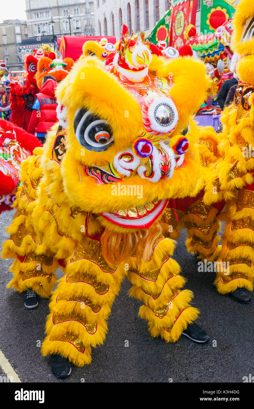 England, London, Chinatown, Chinese New Year Parade, Lion Dance Stock ...