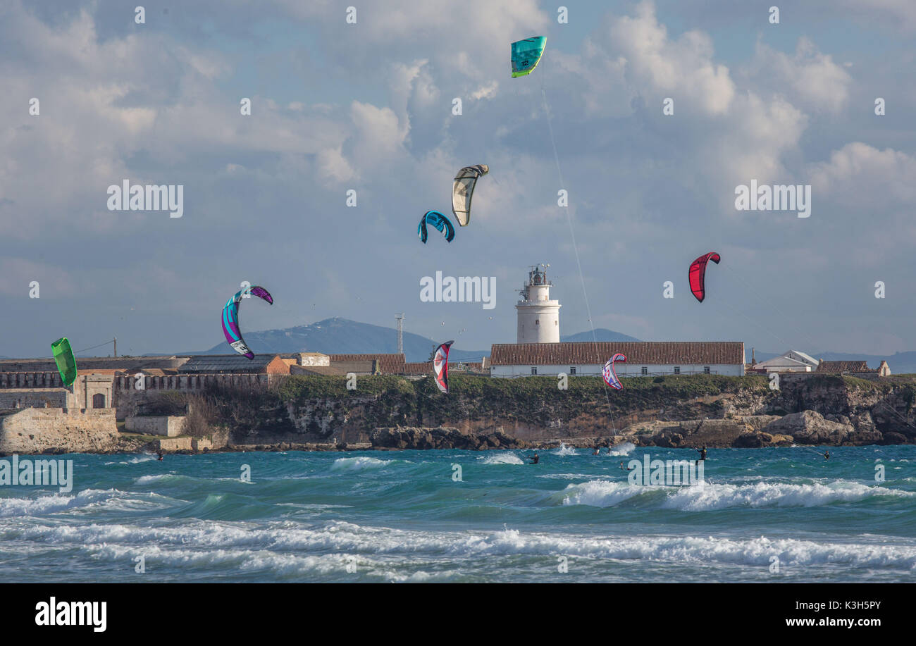 Spain, Cadiz province, Tarifa City, Tarifa Windsurf Beach Stock Photo ...