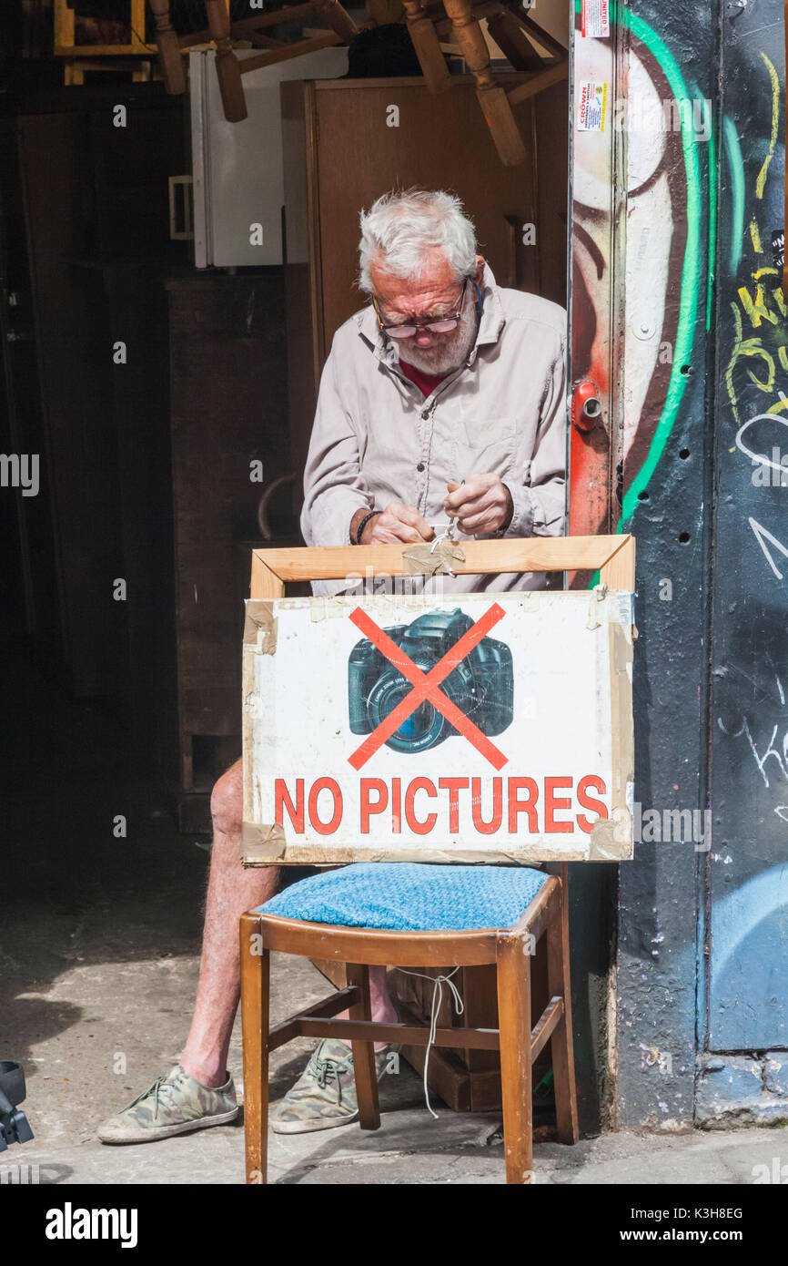 England, London, Shoreditch, Grumpy Shop Owner and No Photography Sign ...