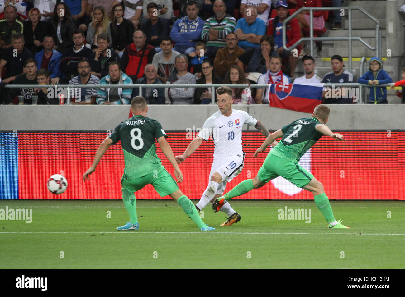 Trnava, Slovakia, 1. September 2017. Albert Rusnak (centre) during the ...