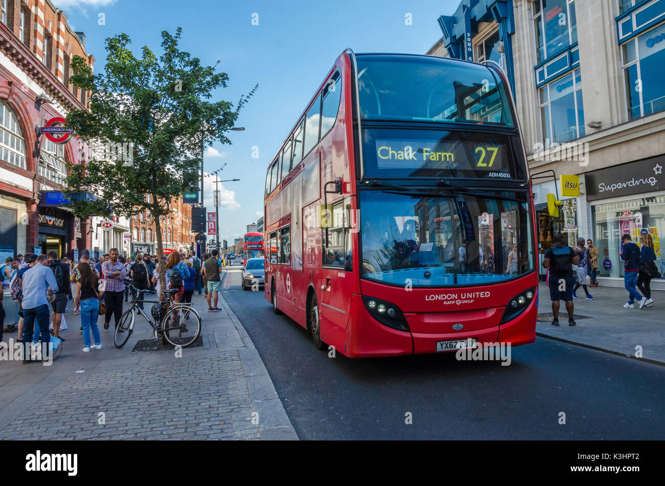 The number 27 red double decker London bus travelling from Camden Town ...