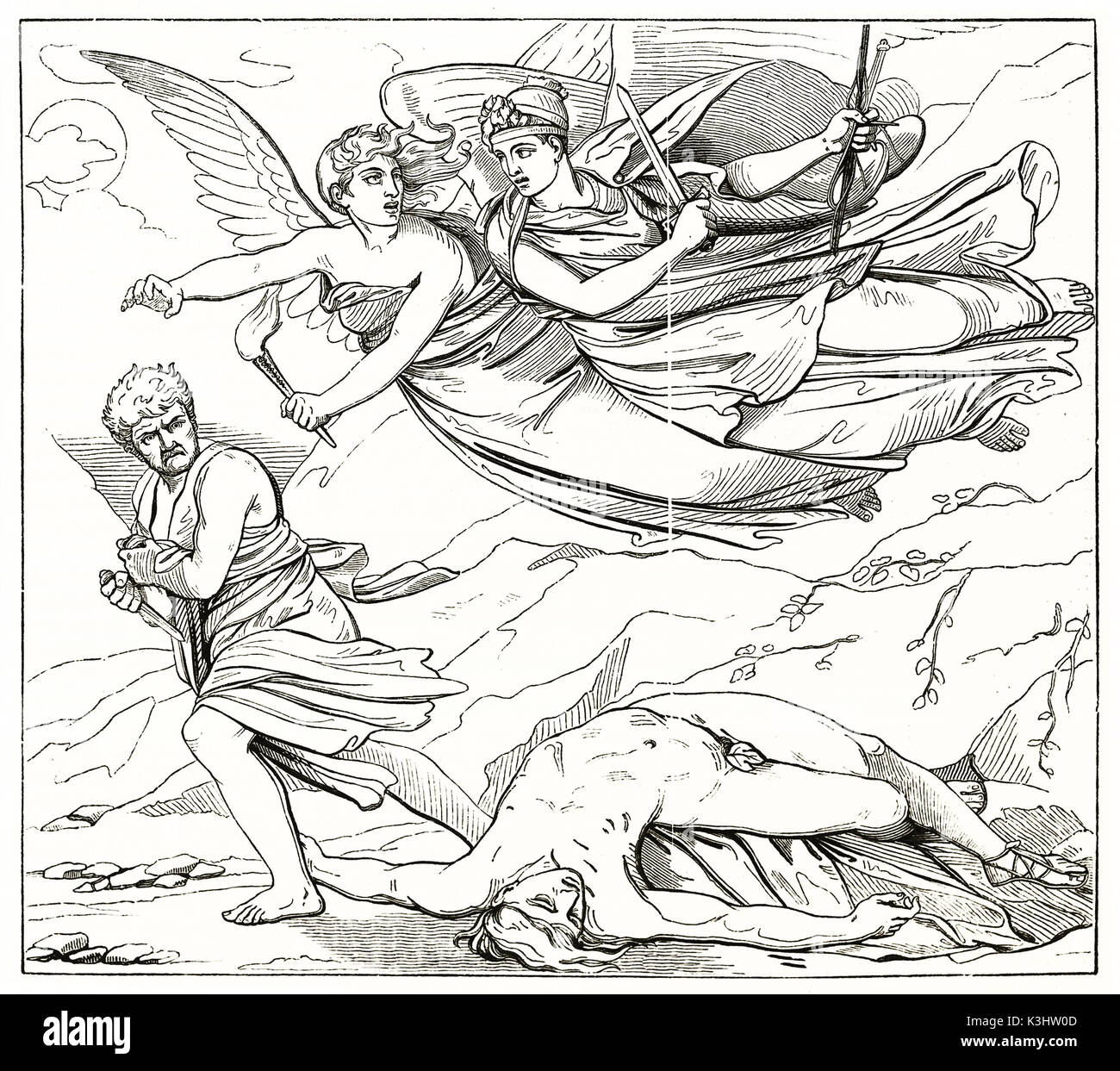 Old engraved reproduction of a painting depicting Justice and Divine ...