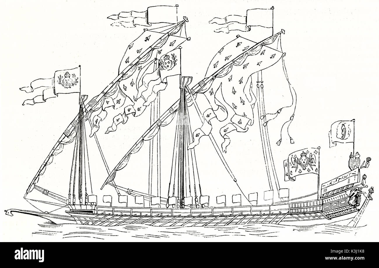 Old engraved reproduction of French galley La Reale, from e model kept ...