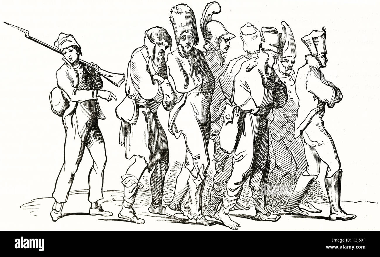 Old illustration of a French conscript keeping seven prisoners. After ...