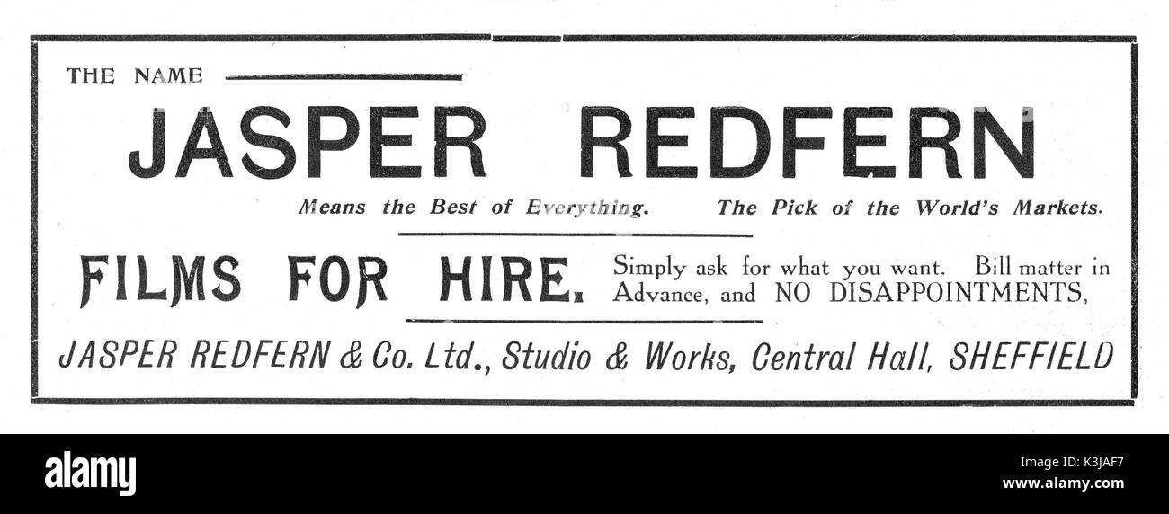 A 1908 advertisement for JASPER REDFERN the Sheffield based early ...