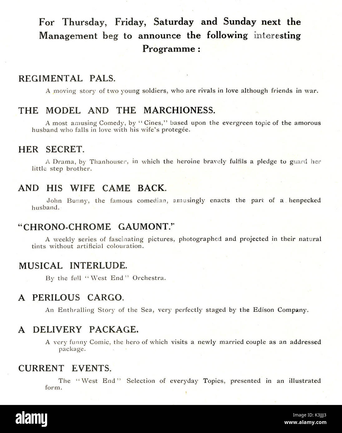 TYPICAL PROGRAMME FOR THE WEST END CINEMA, COVENTRY STREET, LONDON 8th ...