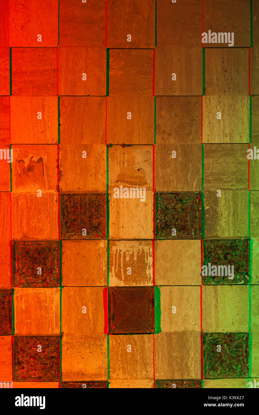 Iran, Central Iran, Abadeh, city rest stop colorfully lit, evening ...