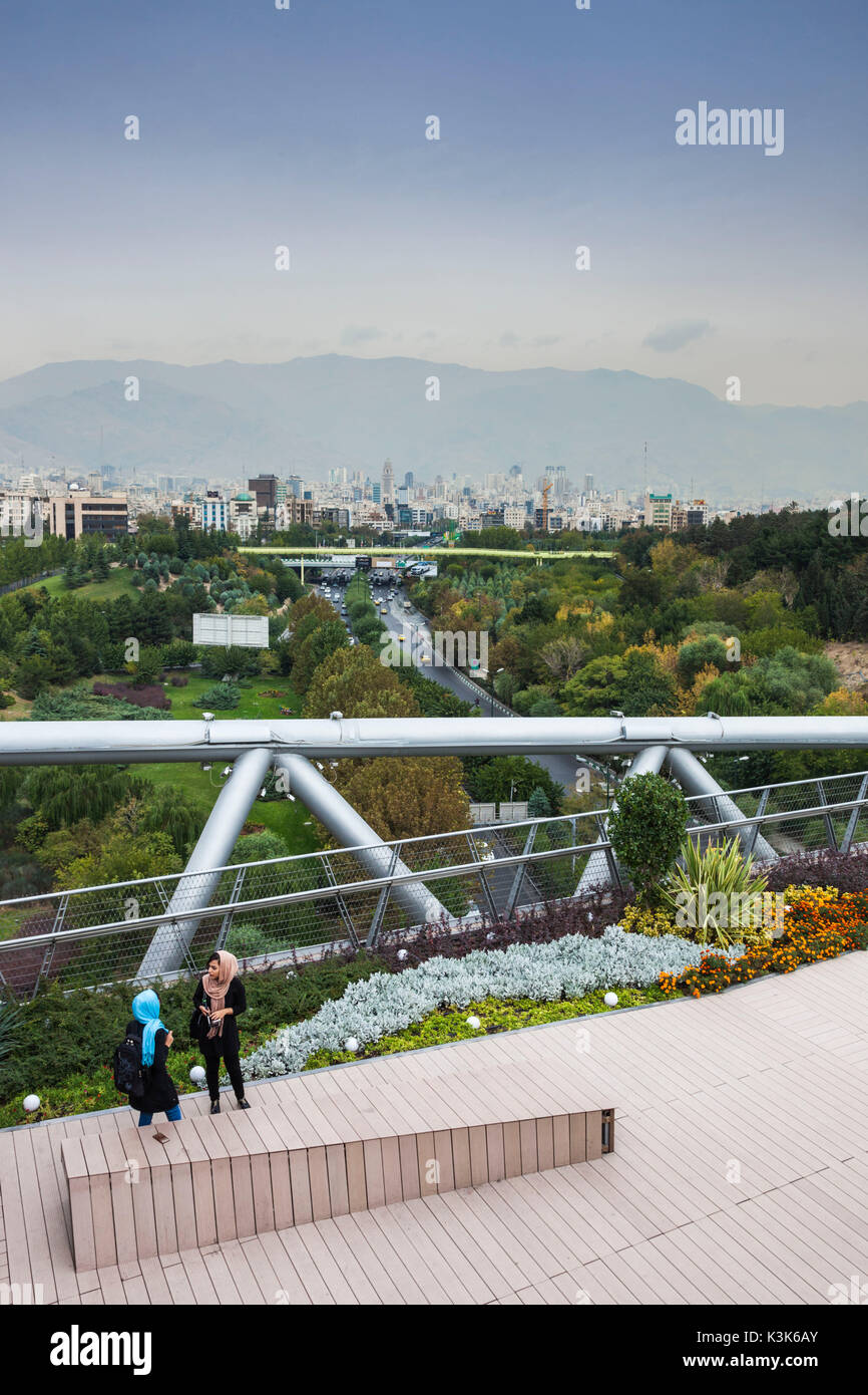 Iran, Tehran, city skyline from the Pole e Tabiat Nature Bridge ...