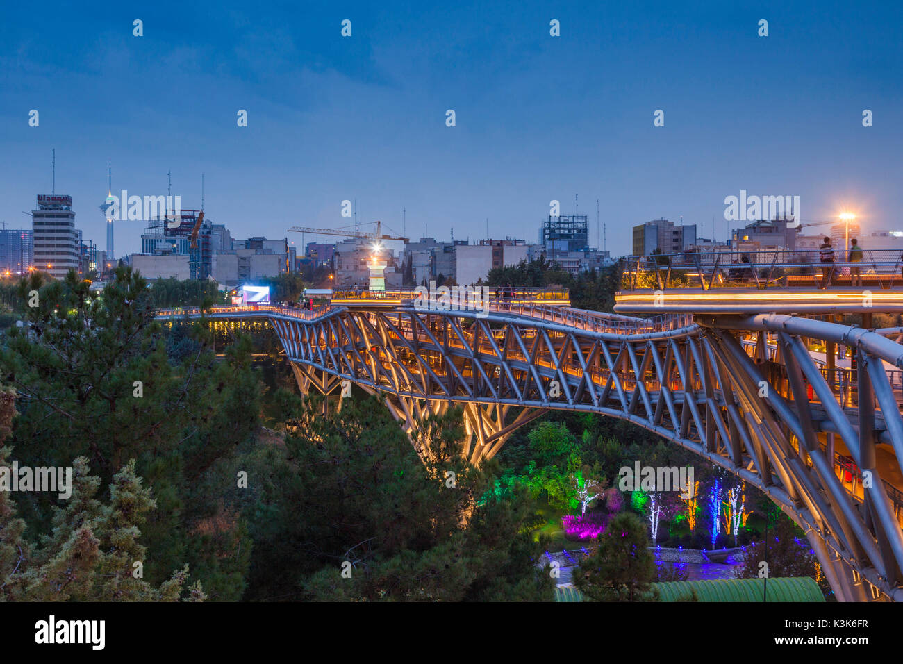 Iran, Tehran, city skyline from the Pole e Tabiat Nature Bridge ...