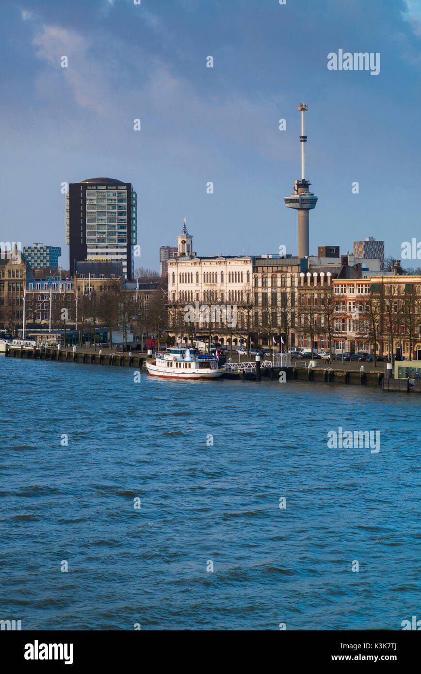 Netherlands, Rotterdam, city skyline along the Nieuwe Mass River, dawn ...