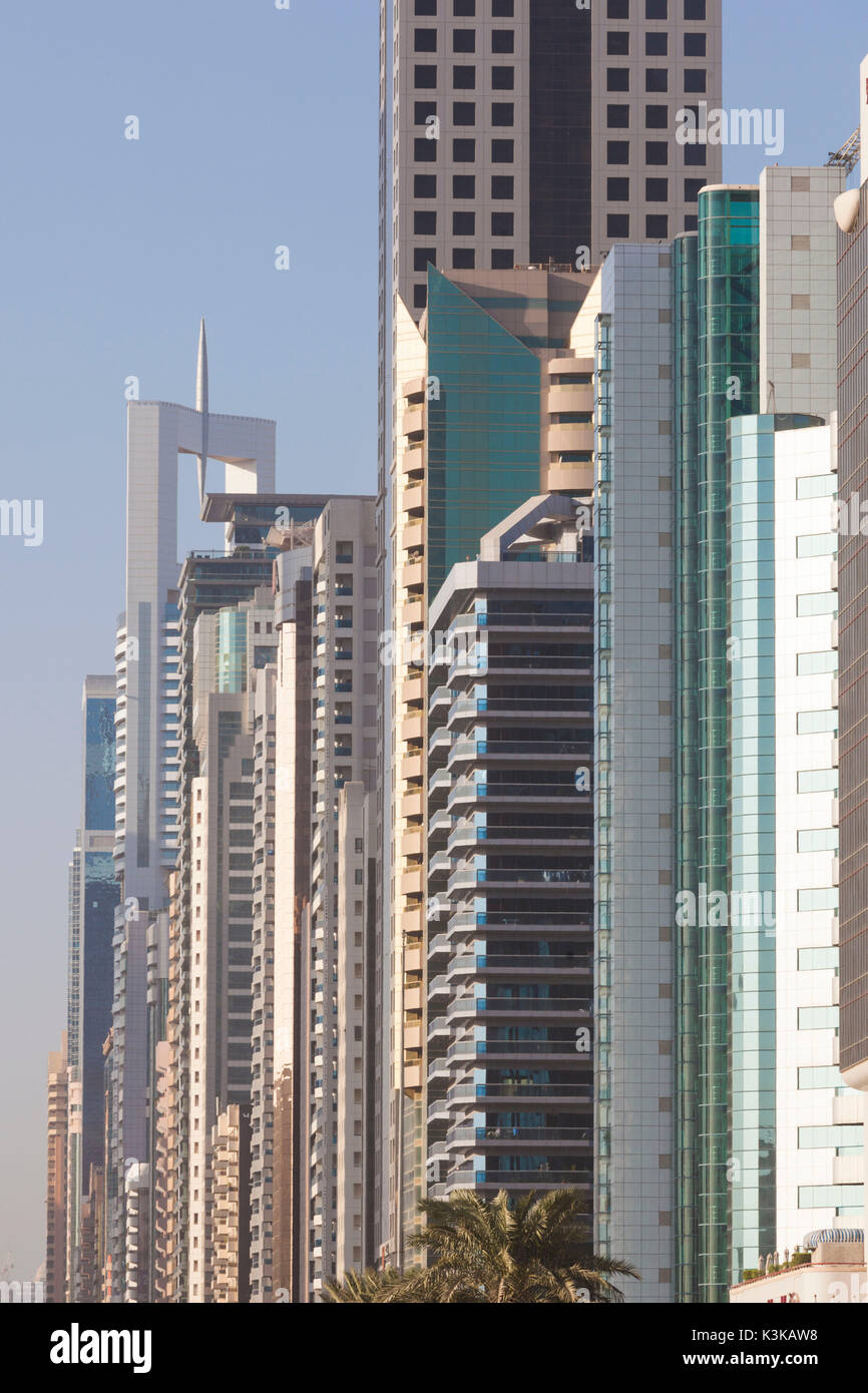 UAE, Dubai, Downtown Dubai, high rise buildings along Sheikh Zayed Road ...