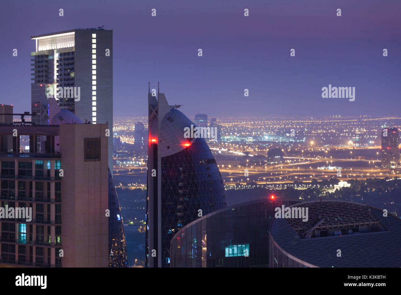 UAE, Dubai, Downtown Dubai, high rise buildings along Sheikh Zayed Road ...
