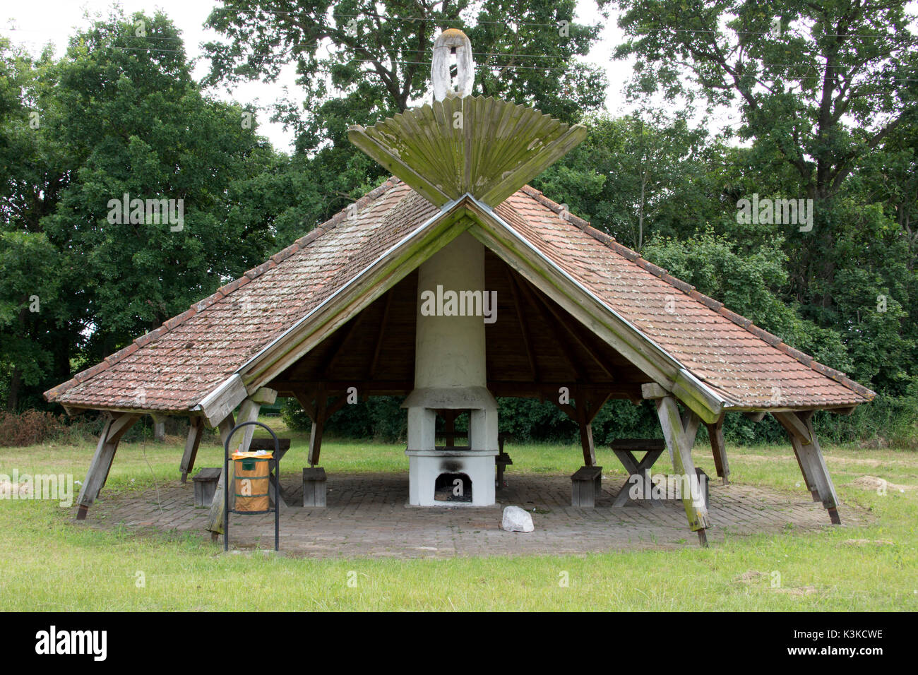 Public barbecue area in Hungary with roof and tables with benches Stock ...