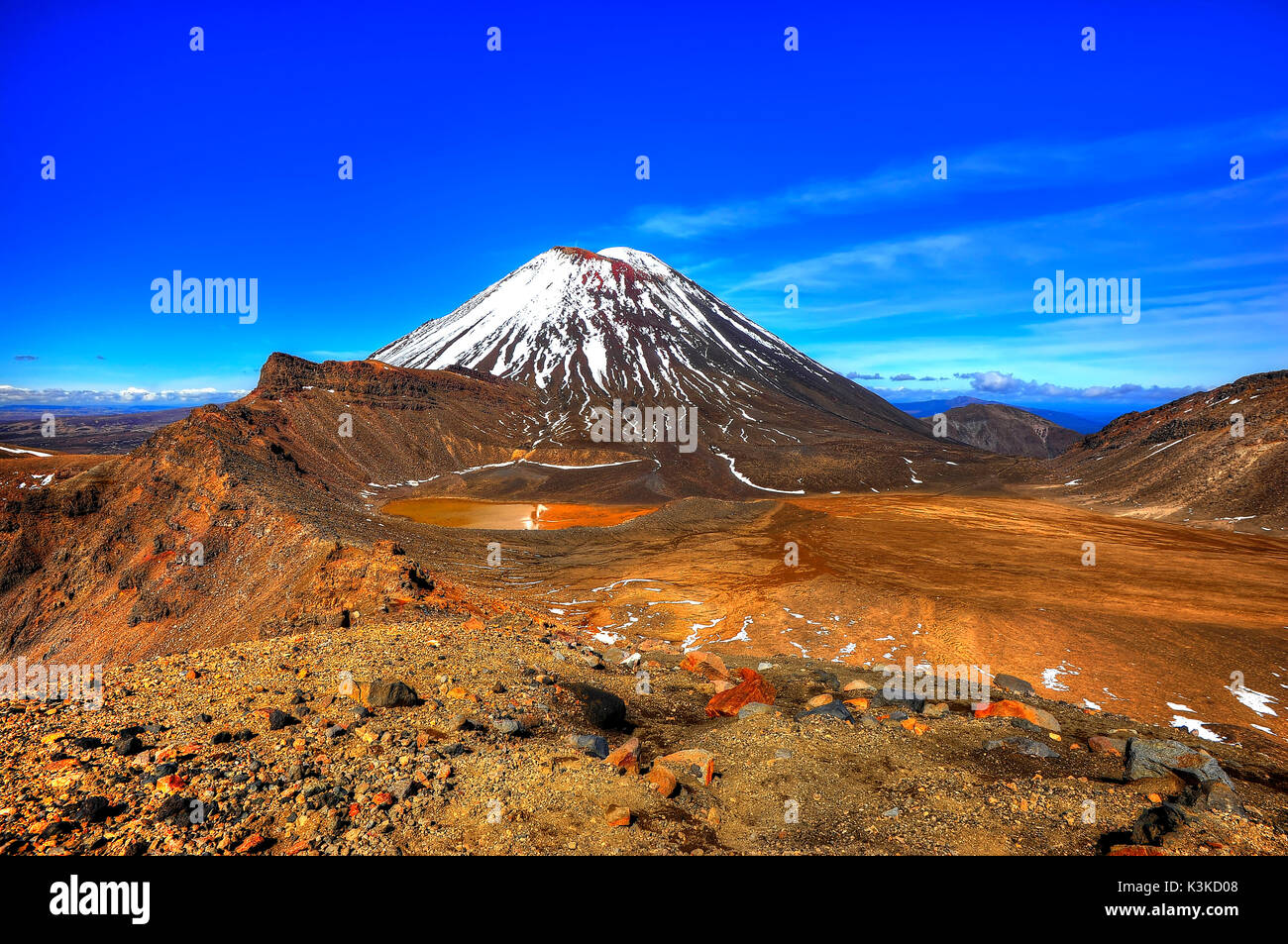 View about the Tongariro volcano plateau to the snowy Mt. Ngauruhoe ...