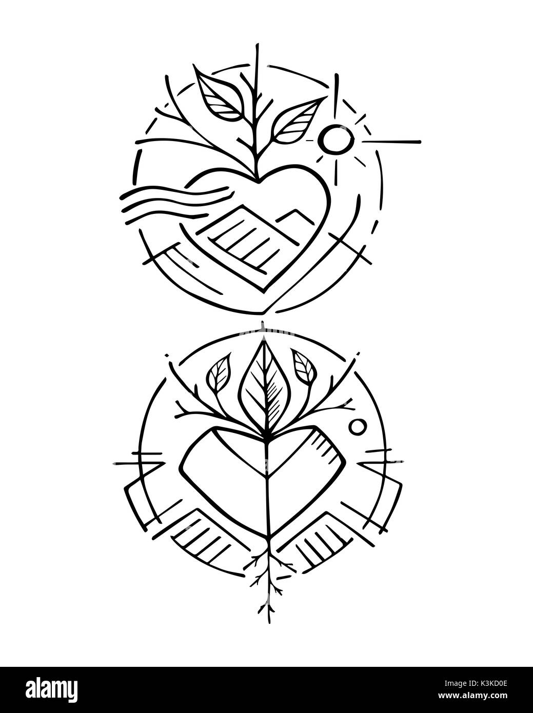 Hand drawn vector illustration or ink drawing of a pair hearts with ...