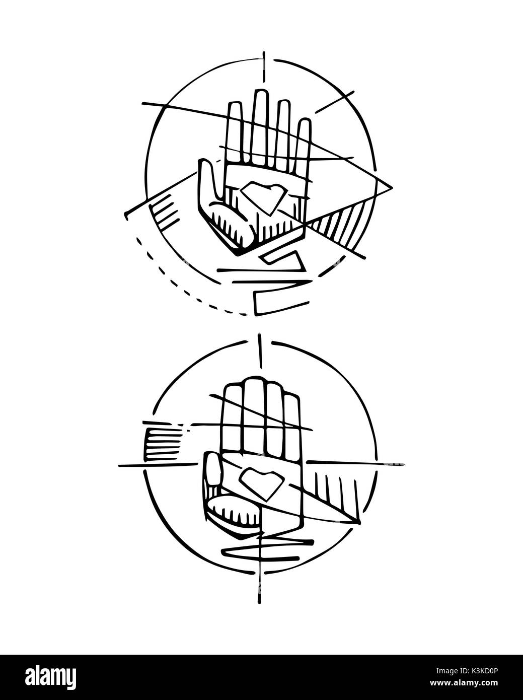 Hand drawn vector illustration or ink drawing of a pair of human hands ...