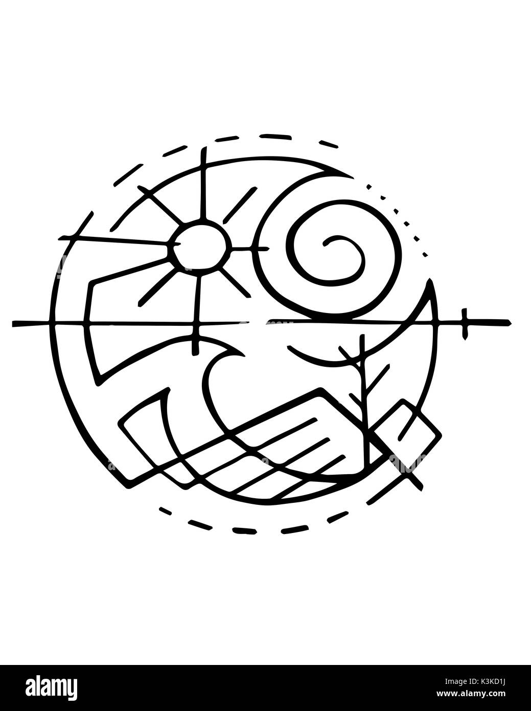 Hand drawn vector illustration or drawing of a sun water and mountain ...