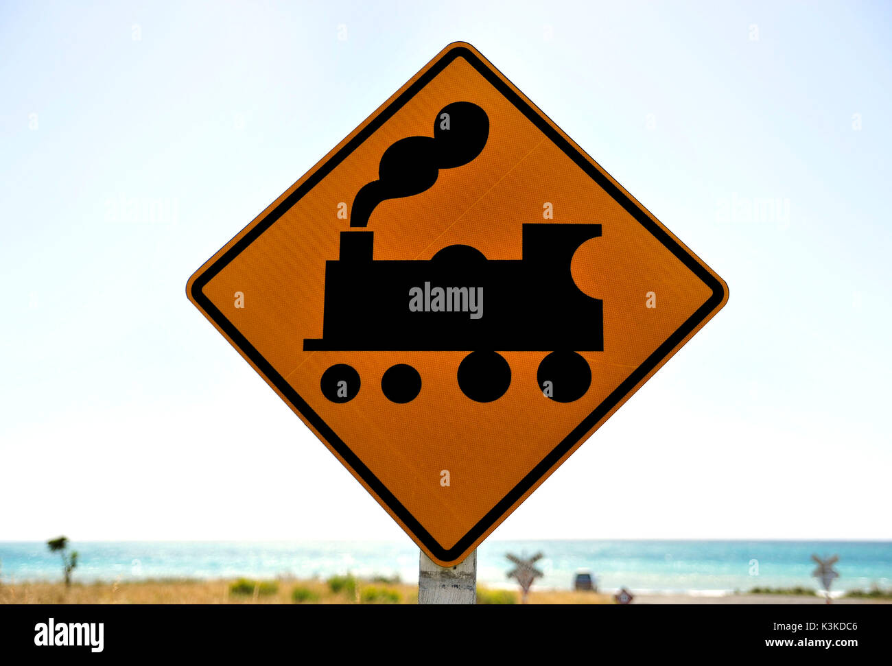 Road sign, Warning of a railway, or steam locomotive in New Zealand ...