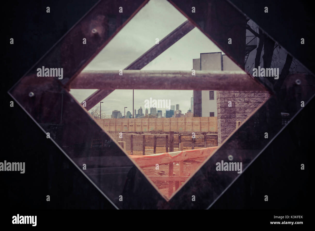 Construction site window with New York Skyline in Williamsburg, City ...