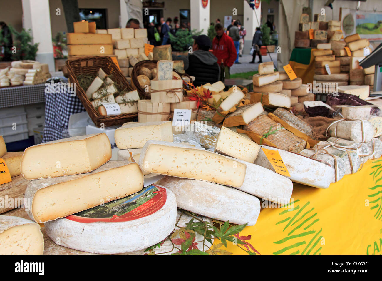 Closeup of Italian cheese with relative price tags at the Moncalvo ...
