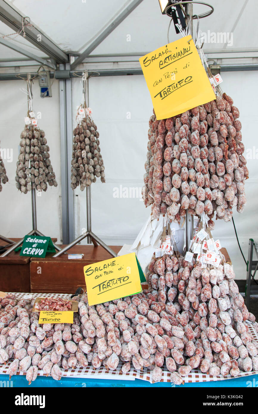 Closeup of Italian salami with relative price tags at the Moncalvo ...