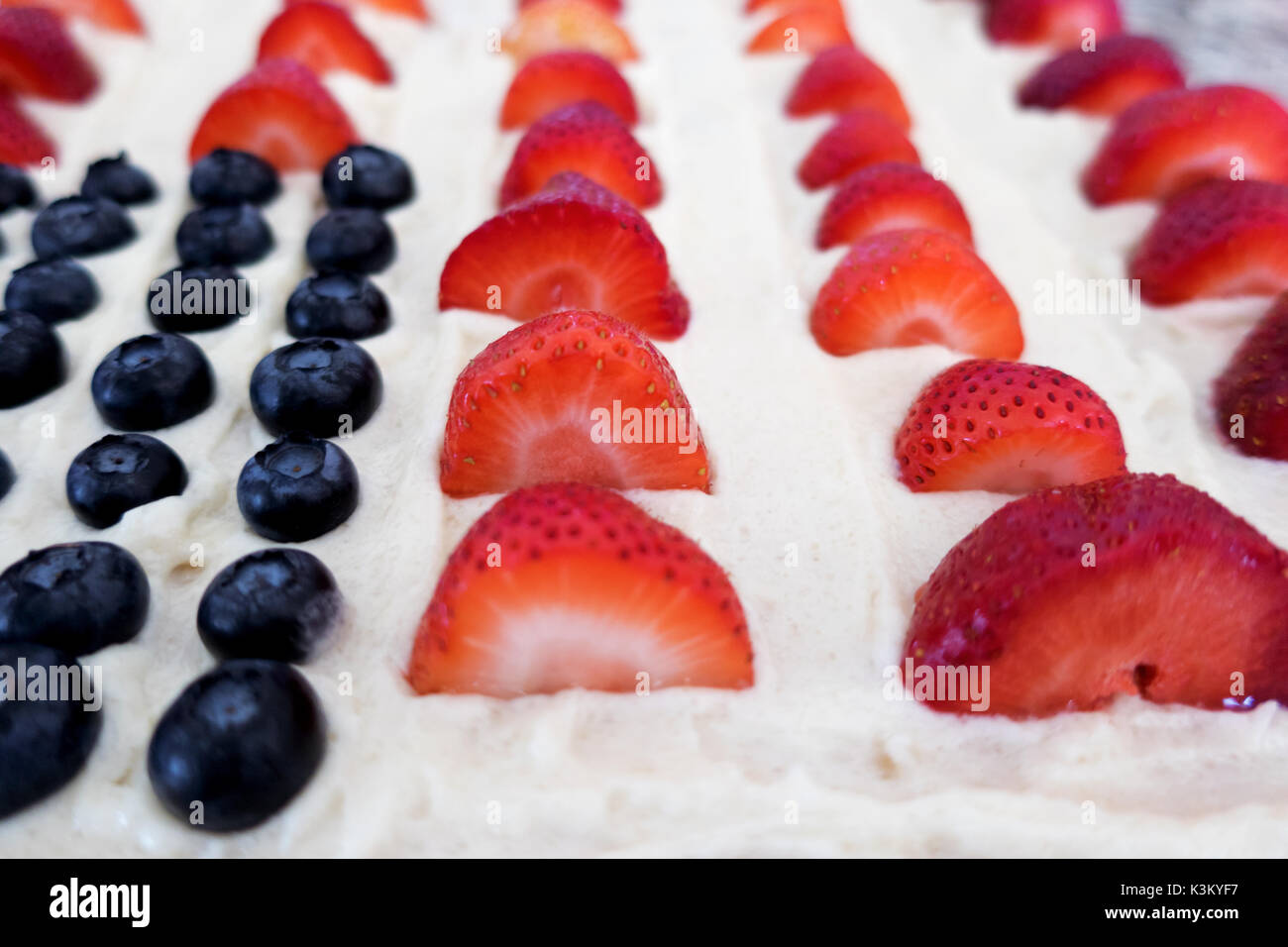 A patriotic 4th of July cake with rows of blueberries and strawberries ...