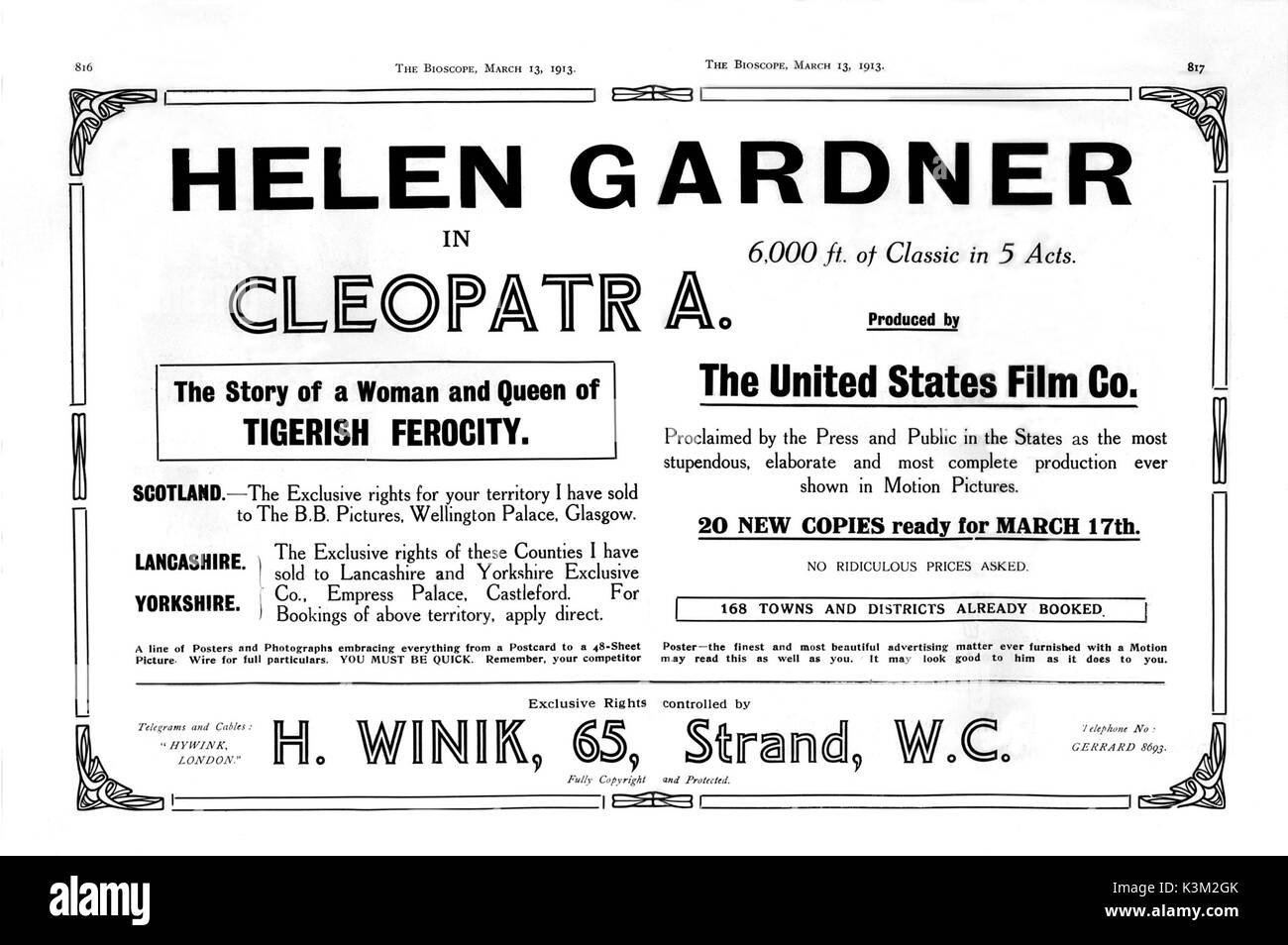 CLEOPATRA HELEN GARDNER TRADE ADVERTISEMENT SOURCE THE BIOSCOPE ISSUE ...