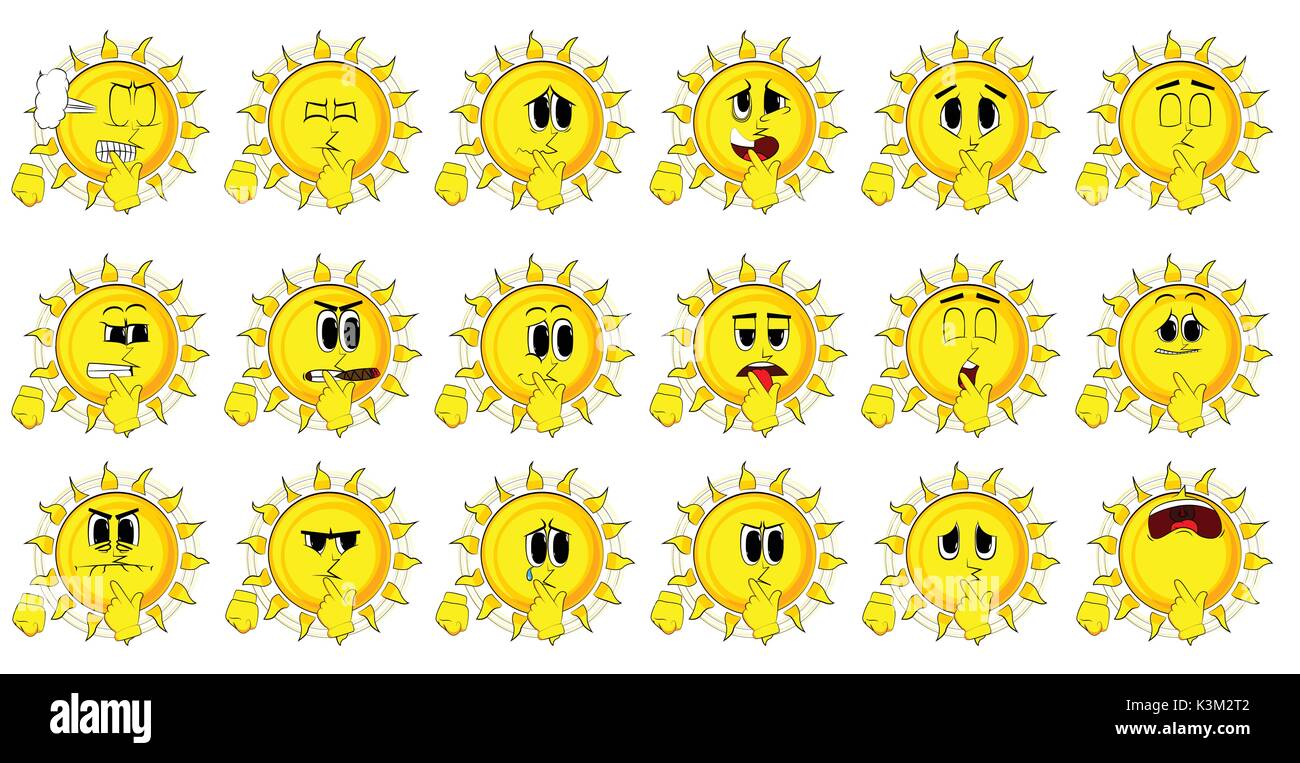Cartoon sun holdin finger front of his mouth. Collection with sad faces ...