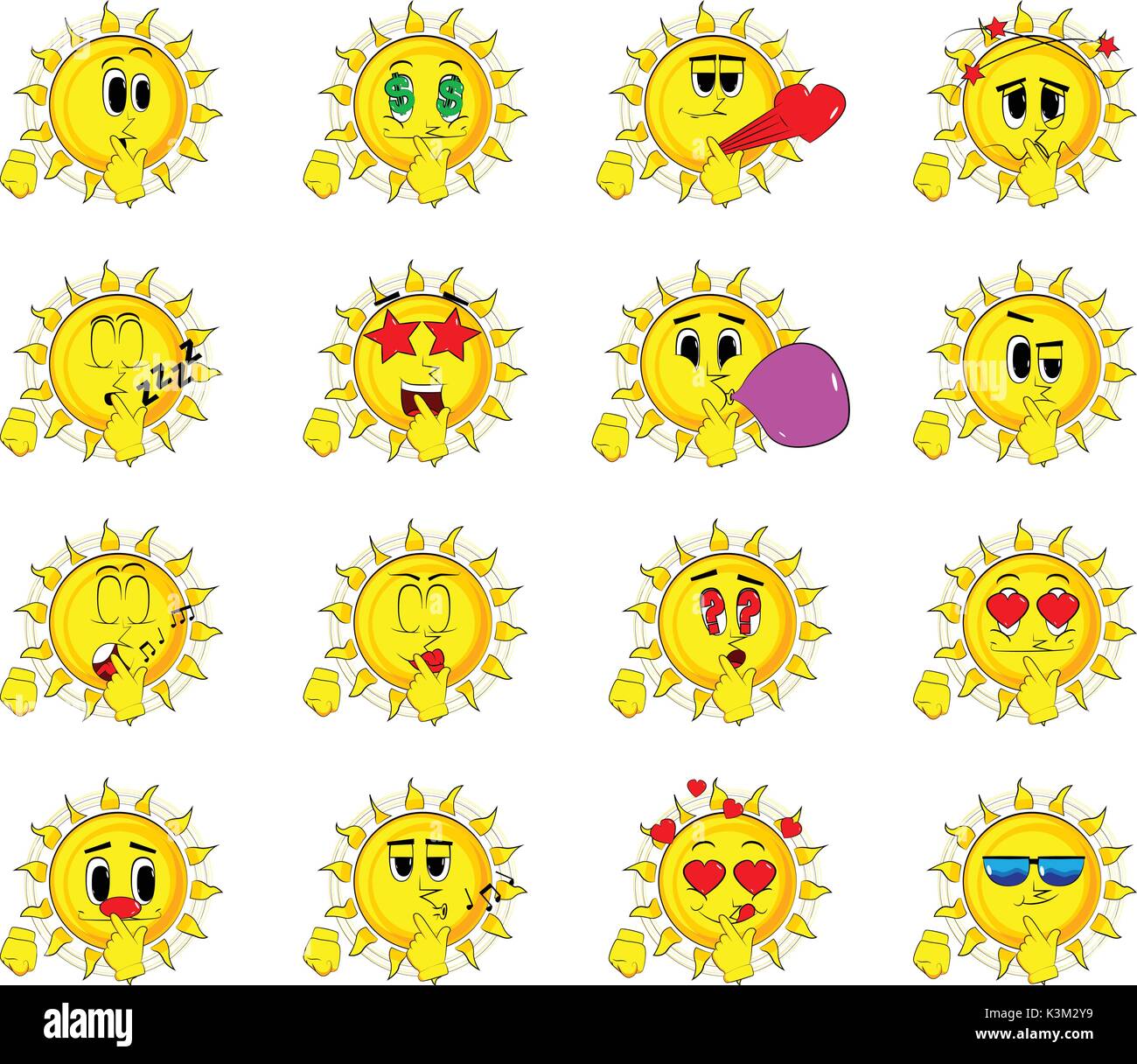 Cartoon sun holdin finger front of his mouth. Collection with various ...
