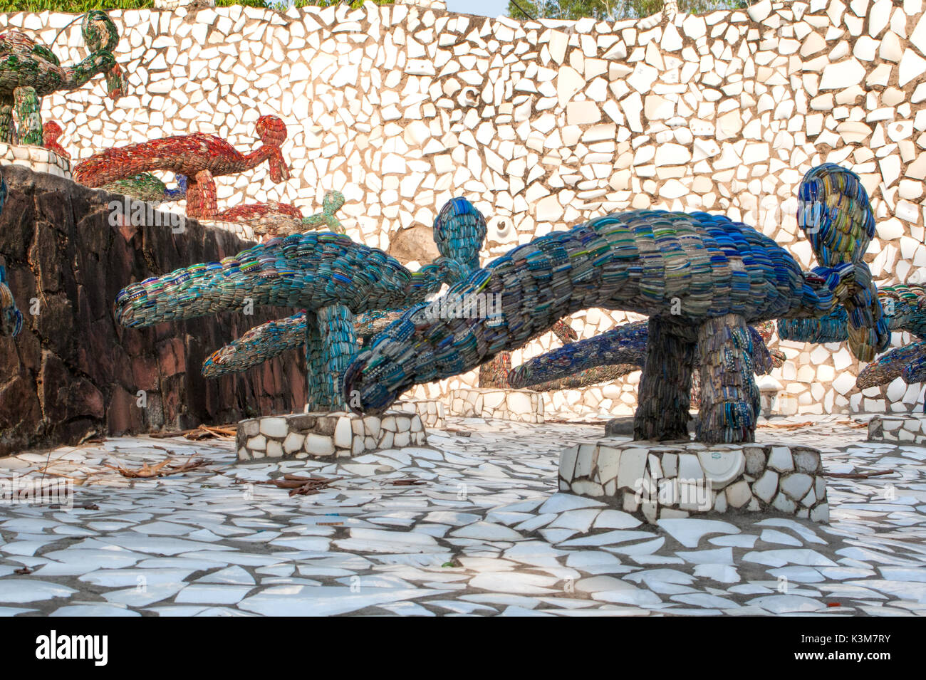Sculptures from garbage and debris in the famous Rock Garden, the ...