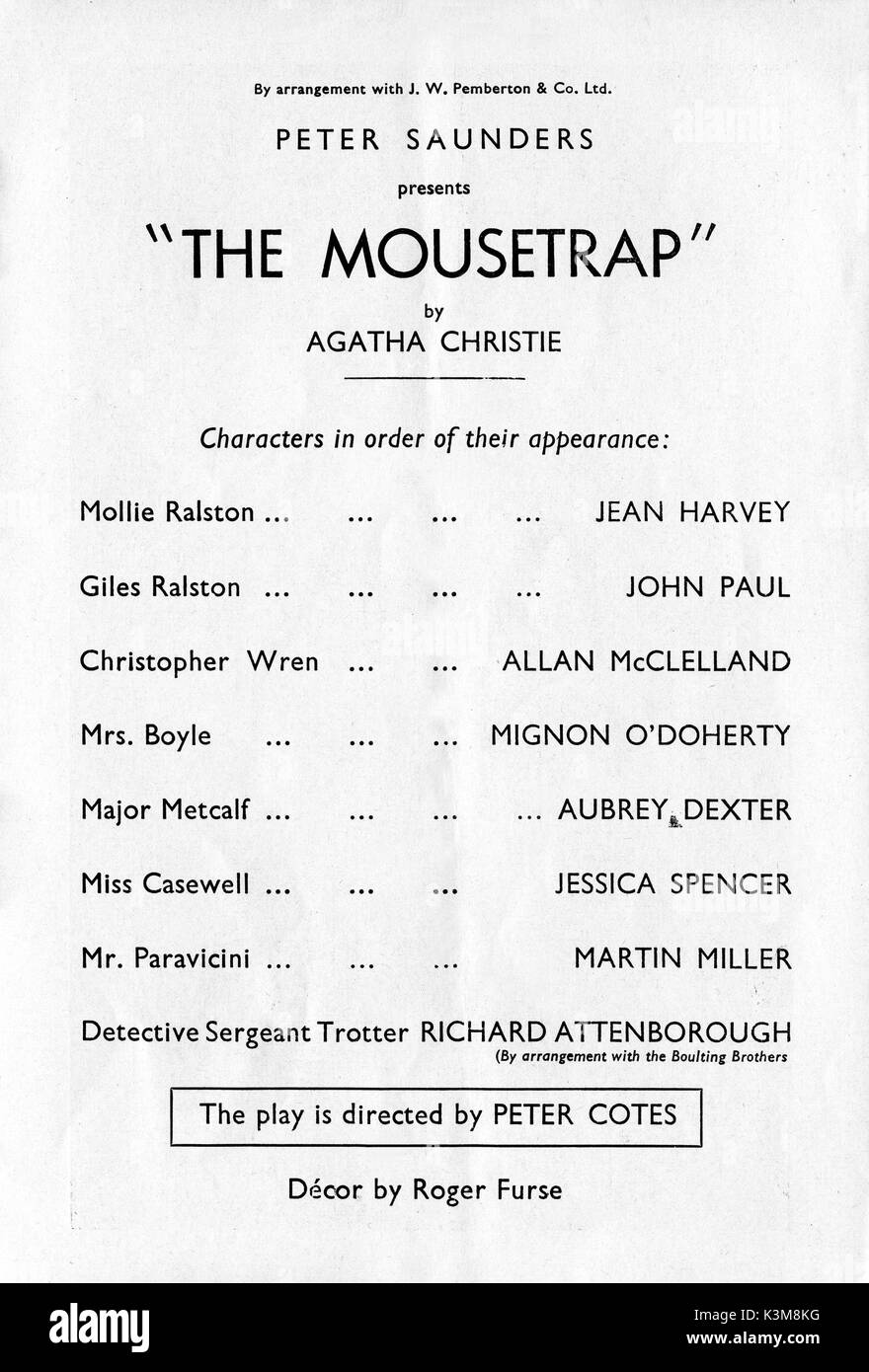 THE MOUSETRAP CAST LIST with Richard Attenborough Date Stock Photo - Alamy