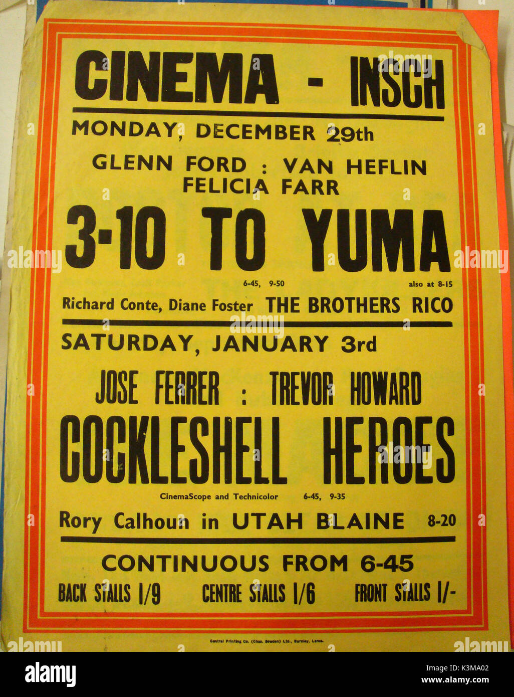 A poster for twice weekly screenings in 1958 at the Public Hall, Insch ...