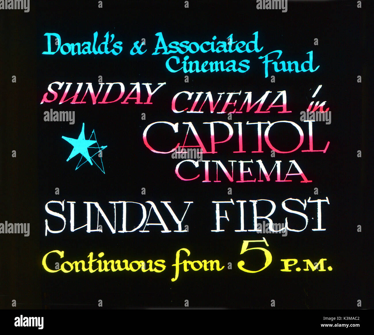 Announcement slide projected on the screen at the cinemas of James F ...