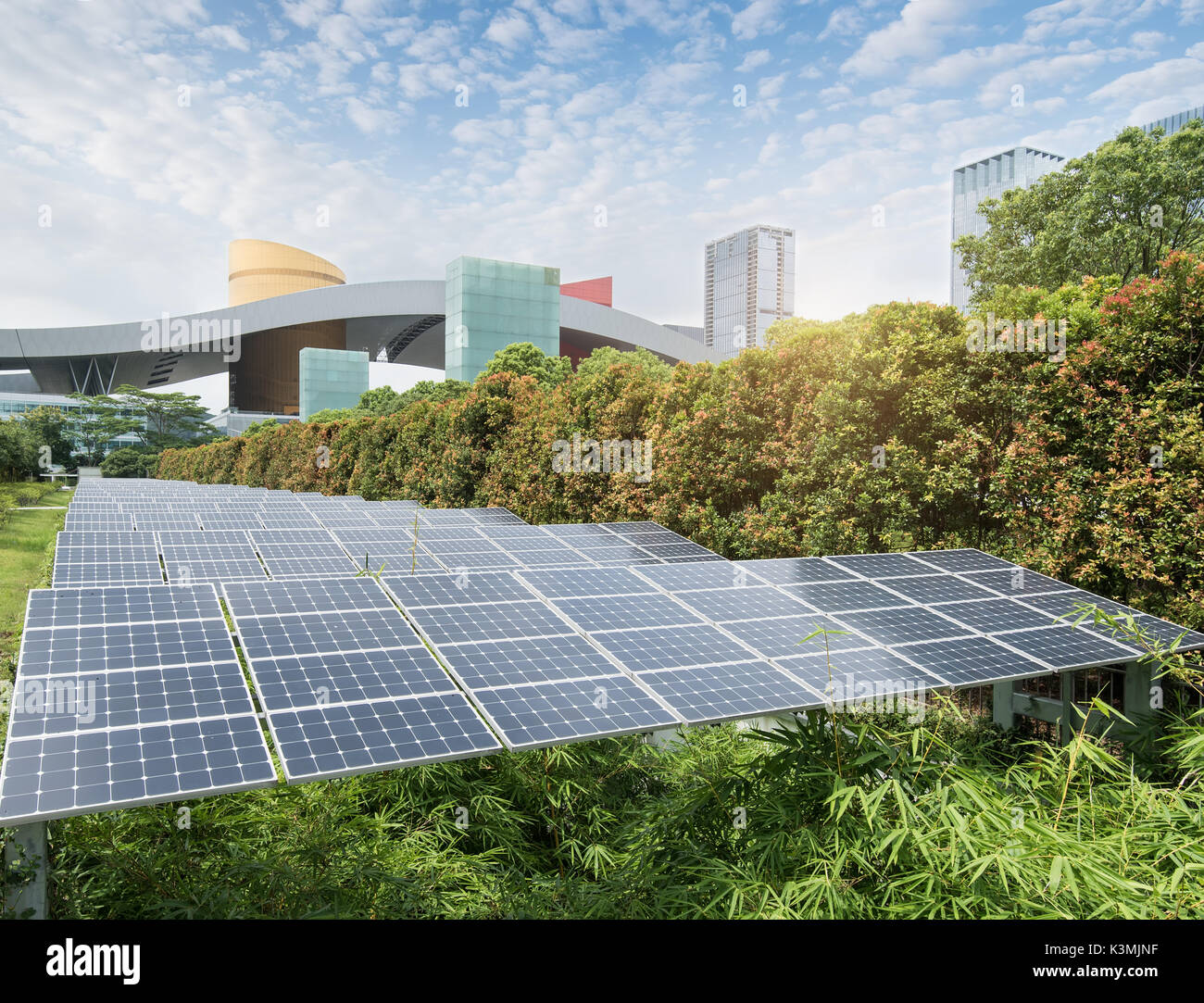 Solar Panels In The Park Of Modern City Stock Photo - Alamy